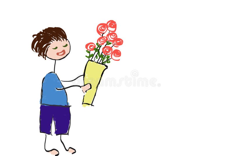 Drawing of Young Man Preparing To Give a Roses Bouquet Stock ...