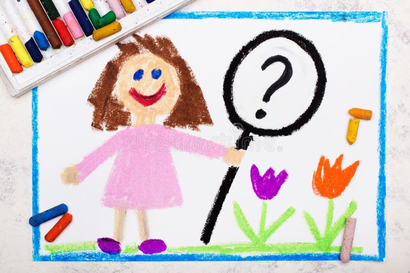 Drawing: Young Smiling Girl Holding a Question Mark. Problem and ...