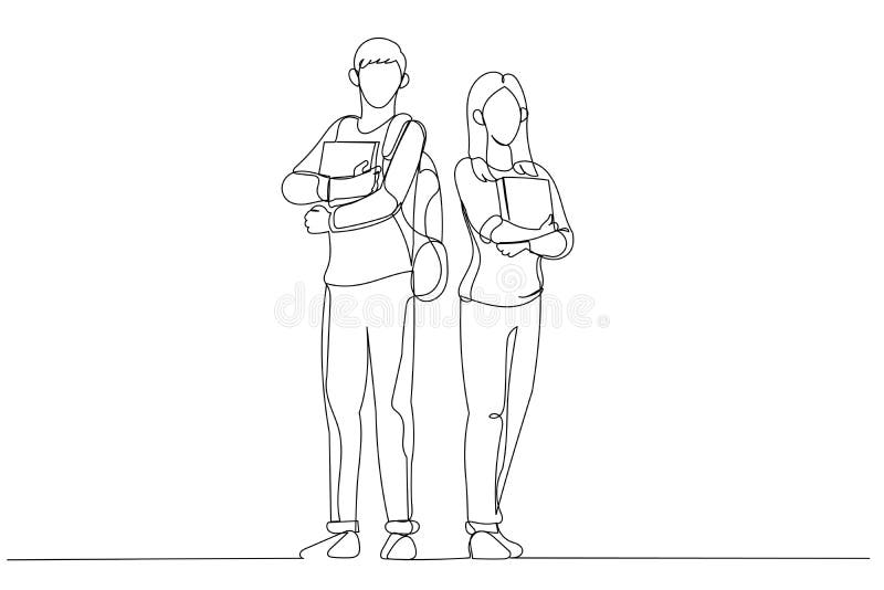 Drawing of Young Students Couple Standing and Posing in Front of Campus ...