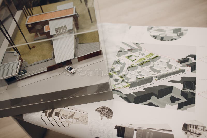 Drawings Blueprints and Layout Building Design Project at Office Table ...