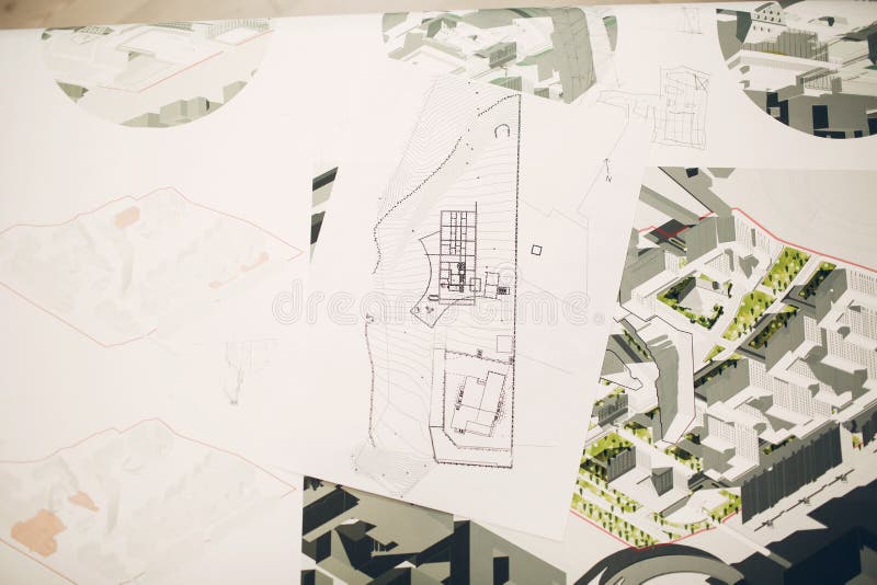 Drawings Blueprints and Layout Design Project at Office Table Stock ...