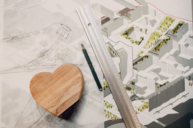 Drawings Blueprints and Layout Design Project at Office Table with ...