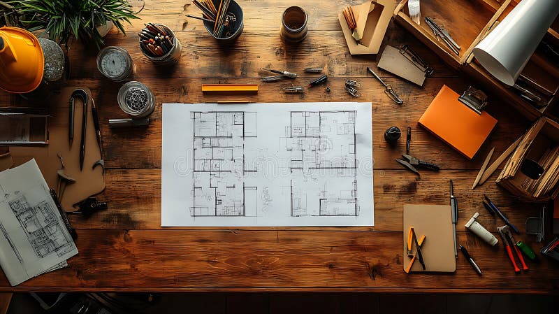 Drawings and Design Tools Arranged on a Rustic Wooden Desk Top View ...