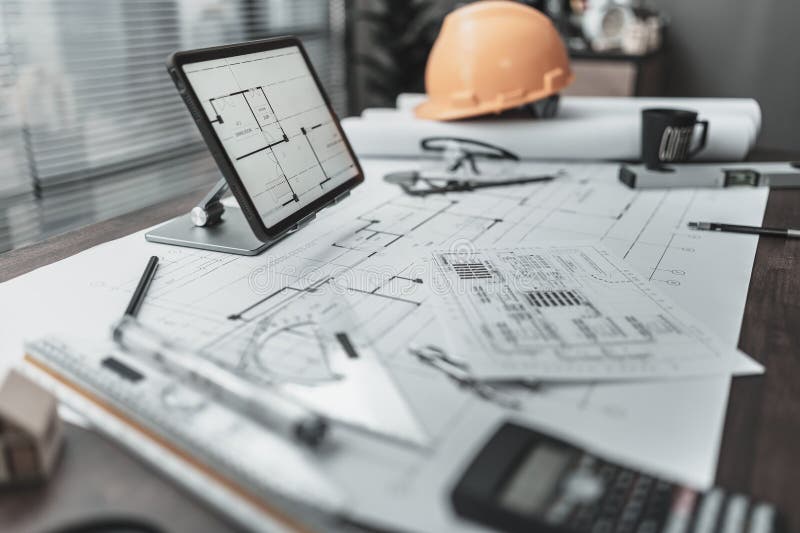 Drawings Inspection on Blueprint. Engineer, Architect, Industry and ...