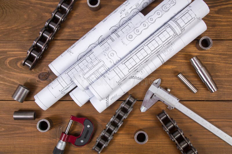 Drawings, Measuring Tools and Details of Chains on the Table. Stock ...