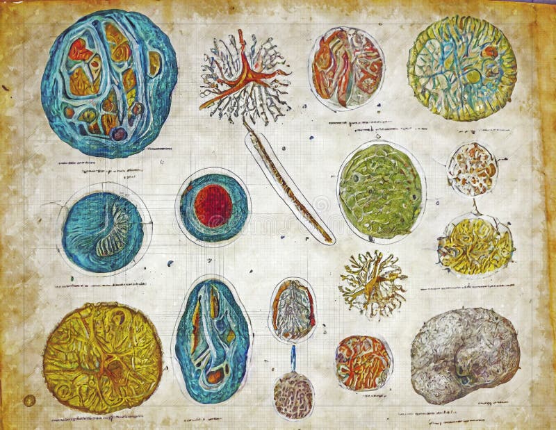 Drawings of Microbes in Antique Book with Annotations on an Abstract ...