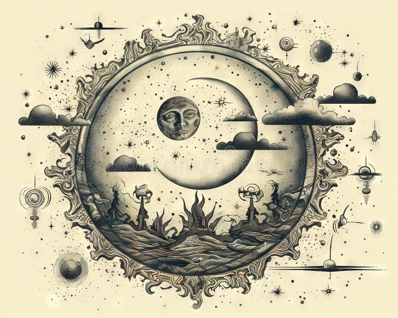 Drawings in the Middle of the Hand Drawn Celestial S. Stock Illustration - Illustration of ...