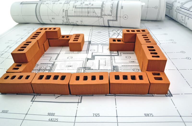 Drawings of the Project and the Bricks Stock Photo - Image of learning ...