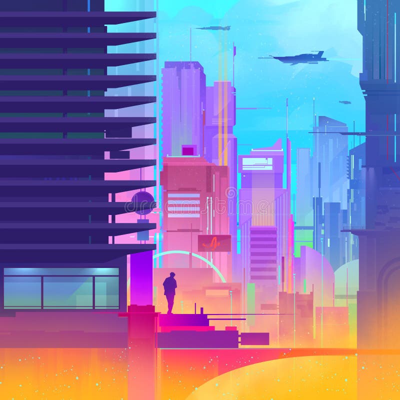Drawn Bright Silhouette of a Man in the City of the Future with ...