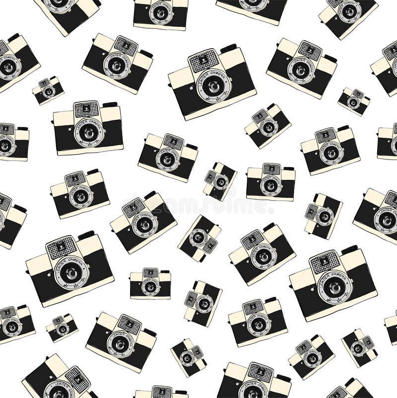 Drawn Cartoon Vintage Color Camera. Seamless Pattern on a White ...