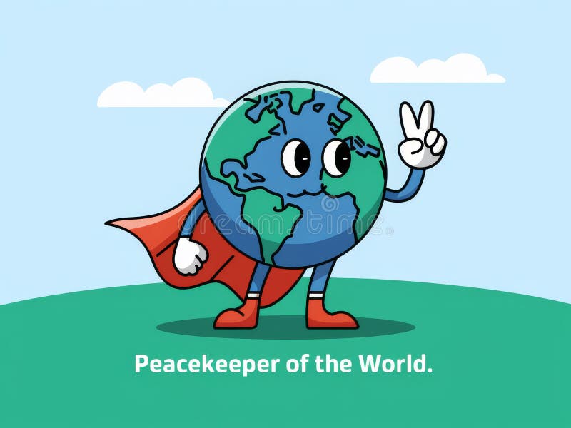 Drawn Earth Hero with Cape Making Peace Sign Against Blue Sky Stock ...