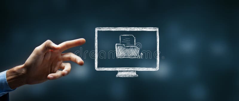 Drawn Folder with a File in the Computer. Man Presses the Screen Stock ...