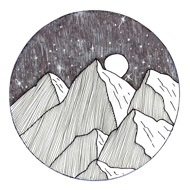 Drawn Graphic Mountains in Circle Stock Illustration - Illustration of ...