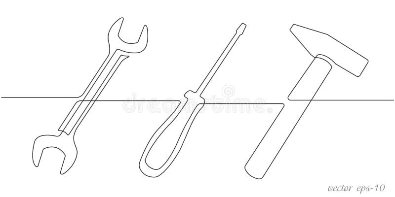 Drawn Hammer, Screwdriver, Wrench.Locksmith Tool for Work.One Line ...