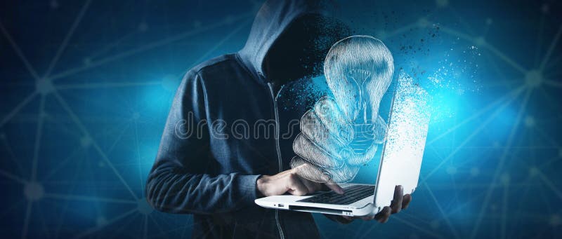 Drawn Hand Holding a Light Bulb. Hacker Holding Phone Stock Photo ...
