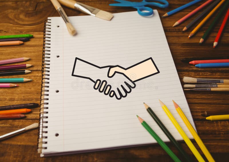 Drawn Handshake Shape on Notebook with Color Pencils on Wooden Table ...