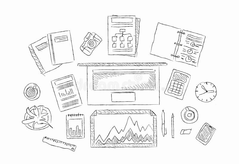 Drawn Image of Work Table with Objects Stock Illustration ...