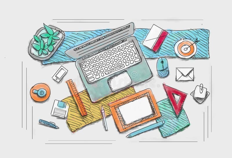 Drawn Image of Work Table with Objects Stock Illustration ...