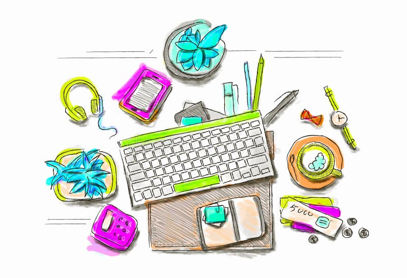 Drawn Image of Work Table with Objects Stock Illustration ...