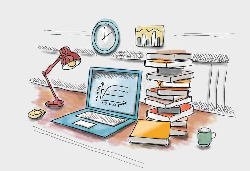 Drawn Image of Work Table with Objects Stock Illustration ...