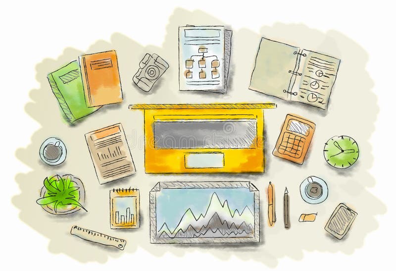 Drawn Image of Work Table with Objects Stock Illustration ...
