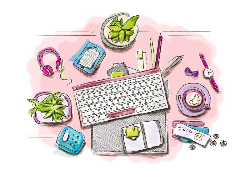 Drawn Image of Work Table with Objects Stock Illustration ...