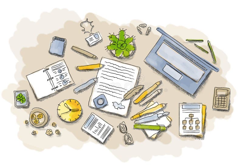 Drawn Image of Work Table with Objects Stock Illustration ...