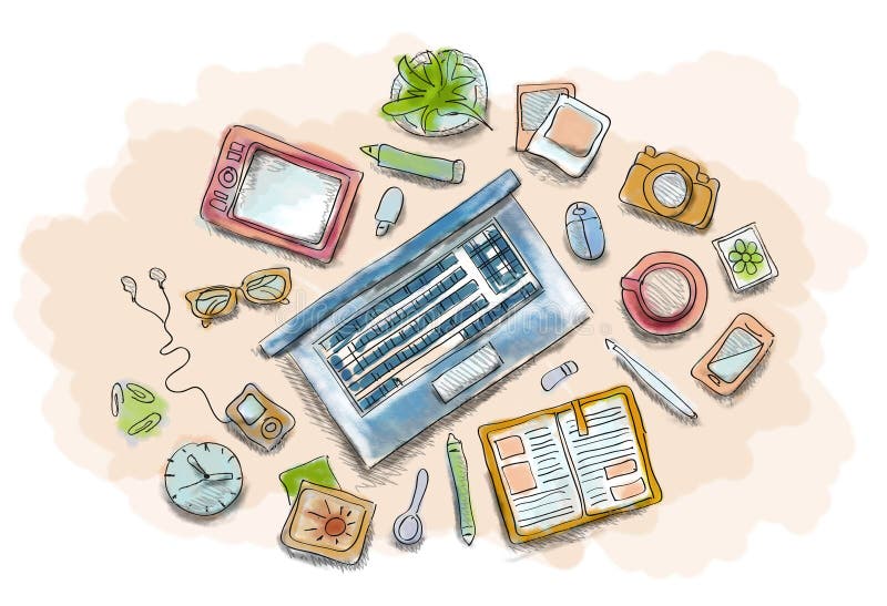 Drawn Image of Work Table with Objects Stock Illustration ...