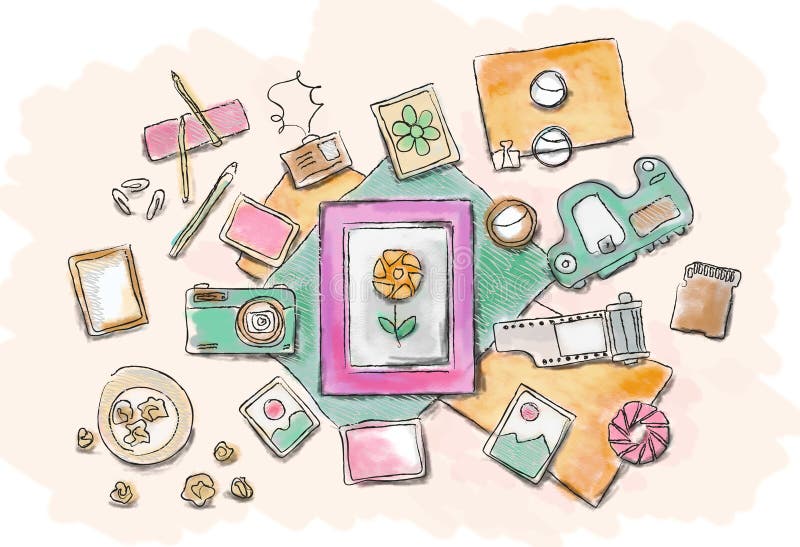 Drawn Image of Work Table with Objects Stock Illustration ...