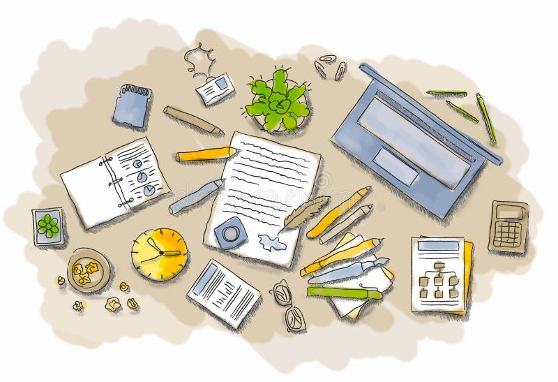 Drawn Image of Work Table with Objects Stock Illustration ...
