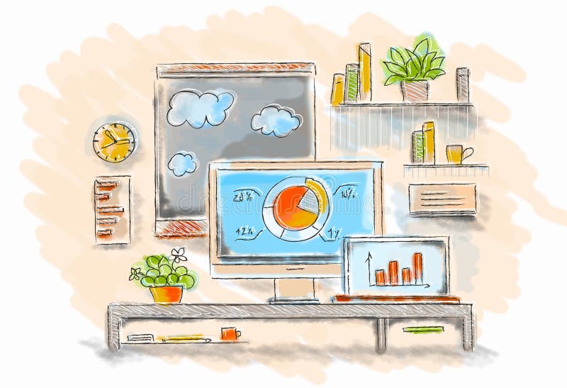 Drawn Image of Work Table with Objects Stock Illustration ...