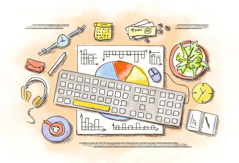 Drawn Image of Work Table with Objects Stock Illustration ...