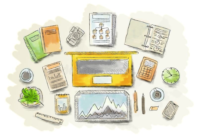 Drawn Image of Work Table with Objects Stock Illustration ...
