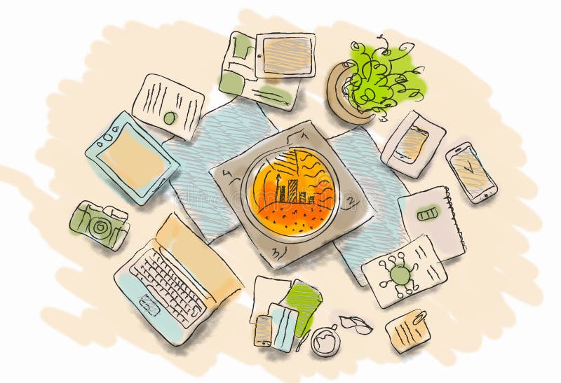 Drawn Image of Work Table with Objects Stock Illustration ...