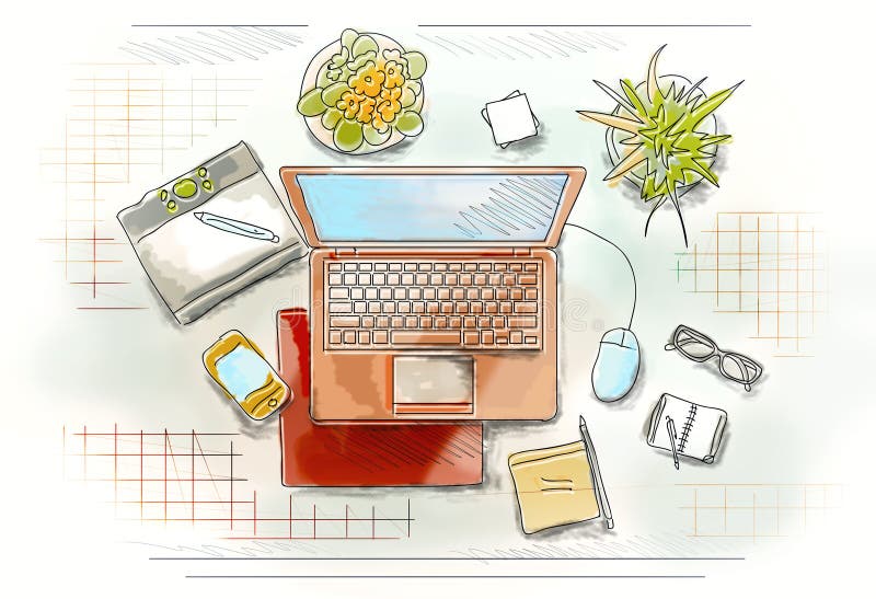 Drawn Image of Work Table with Objects . Mixed Media Stock Illustration ...