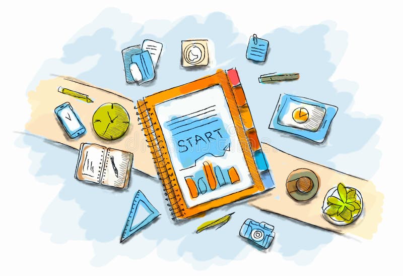 Drawn Image of Work Table with Objects . Mixed Media Stock Illustration ...