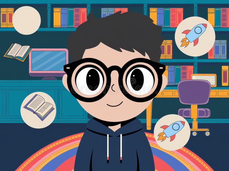 Drawn Kid in Glasses with Books and Rockets in a Colorful Library Stock ...