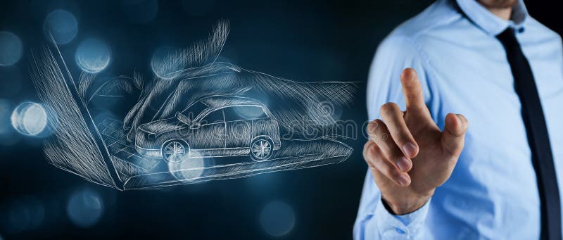 Drawn Laptop and Car. Man Presses the Screen Stock Image - Image of ...