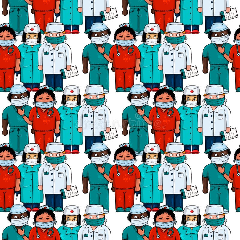 Drawn Medical Cartoon Seamless Pattern: Many Doctors Stock Illustration ...