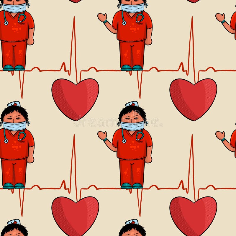 Drawn Medical Seamless Pattern: Doctor in Red with Hearts Stock ...