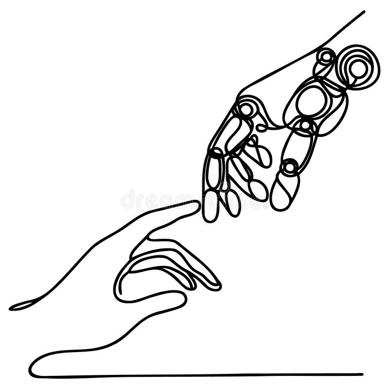 Drawn by One Continuous Line of Human and Robot Hands Touching, Fusion ...