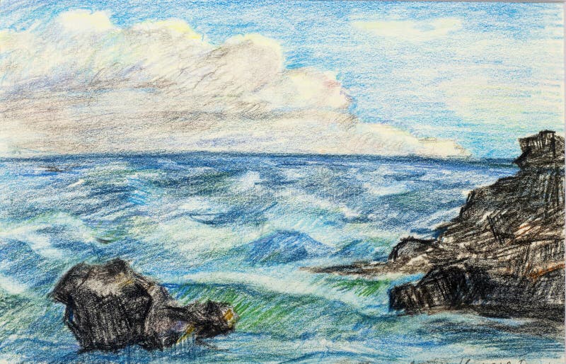Drawn with Pastel Pencils Sea with Rocks Stock Photo - Image of shore ...