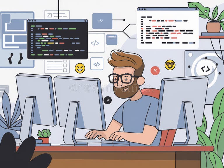 Drawn Programmer in Modern Workspace with Multiple Screens and Code ...