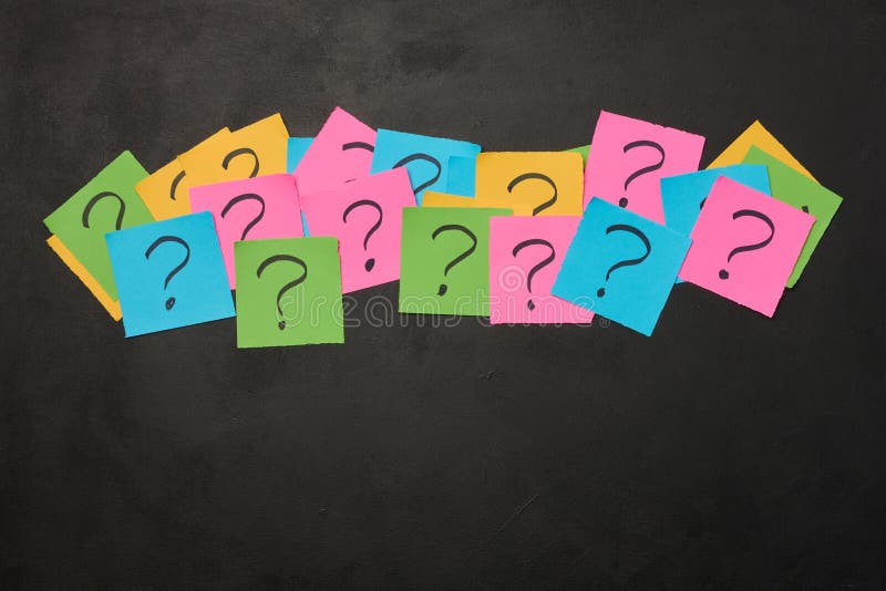 Drawn Question Marks on Stickers, Black Background. Searching for Truth ...
