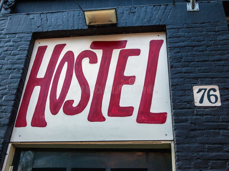 Hostel Sign On An Old Building 2 Stock Image - Image of stay, night ...