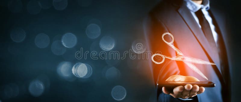 The Drawn Scissors are Cutting the Network Cable. Man Holding Open ...