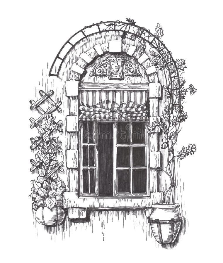 Drawn Sketch Vintage Window with Shutters Stock Illustration ...