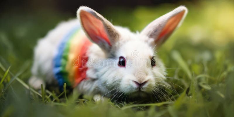 Drawn Small White Rabbit with Rainbow Coloring on Green Grass Stock ...