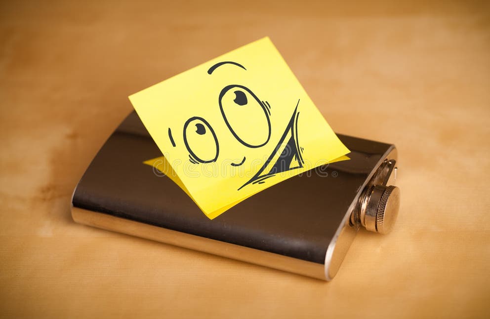 Post-it Note with Smiley Face Sticked on Hip Flask Stock Photo - Image ...