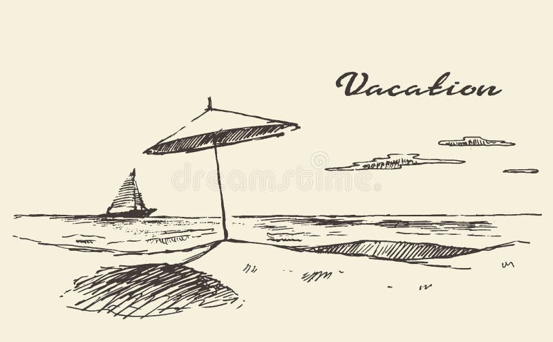 Drawn Vacation Poster Seaside View Beach Sketch Stock Vector ...